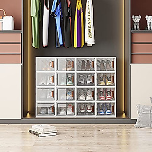 Closacessy 6 Pack Shoe Box Clear Platic Stackable Shoe Storage Containers, Drop Front Sneaker Storage Space Saving Shoe Organizer Box, Fit Up to Size 14 White