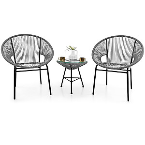 HAPPYGRILL 3-Piece Patio Bistro Set, Outdoor Furniture Set Acapulco Chairs with Plastic Rope, Tempered Glass Table, All Weather Patio Furniture for Balcony, Porch, Garden, Backyard