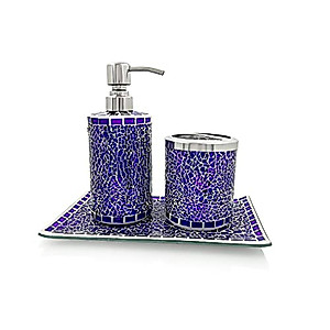 LushAccents Bathroom Accessories Set, 5-Piece Decorative Glass Bathroom Accessories Set, Soap Dispenser, Soap Tray, Vanity Tray, Jar, Toothbrush Holder, Elegant Lavender Mosaic Glass