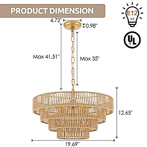 ELYCCUPA 6-Lights Hand-Woven Rattan Pendant Light 4 Round Transitional Minimalist Boho Large Pendant Light for Kitchen Island Dining Room Living Room Hallway, Dia 20 Inch, UL Listed