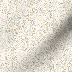 Spoonflower Fabric - Neutral Flowers Ditsy Beige Floral Hand Drawn Line Art Printed on Petal Signature Cotton Fabric by The Yard - Sewing Quilting Apparel Crafts Decor