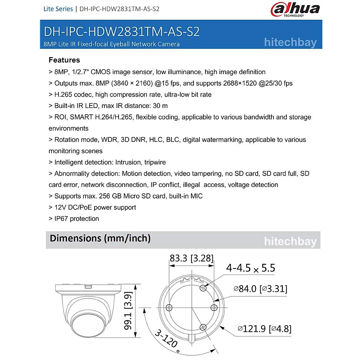 Dahua 4K 8MP Starlight IPC-HDW2831TM-AS-S2, 2.8mm Lens, IR Eyeball Network Outdoor Camera,H.265+, IP67, IVS, Built-in MIC, Original English Version, hitechbay Promotion Price $118.53