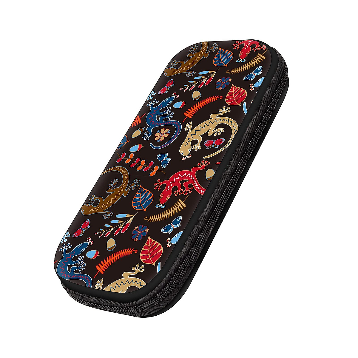 Carrying Case Compatible with Switch 2017 / Switch OLED 2021 Console Joy-Con with 10 Game Card Slots , Lizards, leaves, flowers and acorns on a black background
