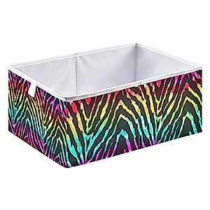 Rainbow Zebra Print Storage Basket Storage Bin Rectangular Collapsible Nursery Baskets Foldable Fabric Cube Organizer for Makeup Closet Bathroom Bedroom