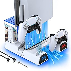 Dobe PS5 Stand with Cooling Station, PS5 Controller Charging Station for Playstation 5 Console Disc/Digital Edition, PS5 Accessories Vertical Stand with 3-Level Speeds Cooling Fan & 11 Games Organizer