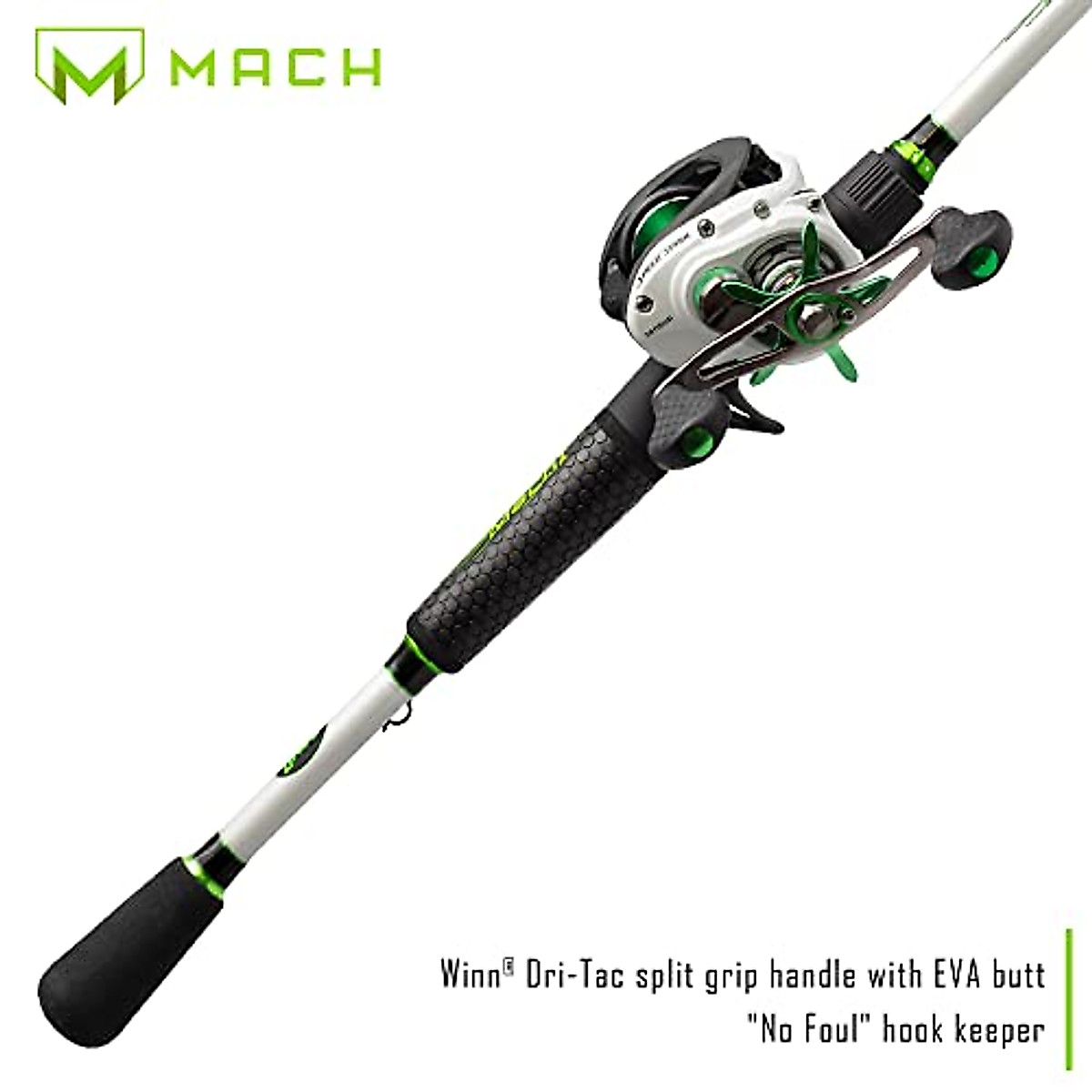 Lew's Mach 1 SLP Baitcast Reel and Fishing Rod Combo, 7-Foot 2-Inch 1-Piece Graphite Rod Blank with Split Grip EVA Handle, One-Piece Graphite Frame, Right-Hand Retrieve, Silver/Green