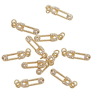 LiQunSweet 10 Pcs 17.5x5mm Safety Pin Shape Golden Brass Pendants with Clear Cubic Zirconia for Women Necklace Bracelet Earring Making