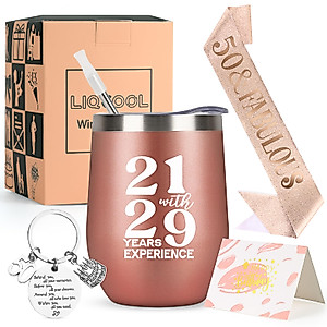 LiqCool 50th Birthday Gifts for Women, 21 with 29 Years Experience Wine Tumbler, 50 Year Old Gifts for Women, 12 Oz Birthday Tumbler Gifts Set for Best Friends, Mom, Sister, Wife, Aunt Turning 50