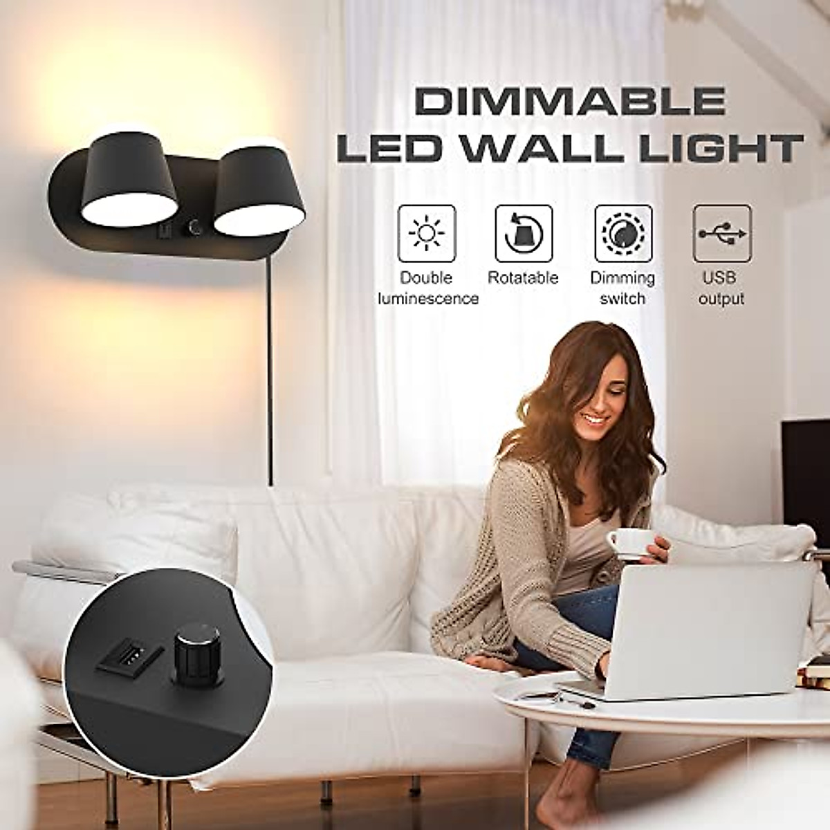 Sytmhoe Modern Black Double Head Dimmable LED Wall Sconce, Bedroom Wall Light with USB, Plug-in Installation, 12W, 10.24x3.94x5.12in