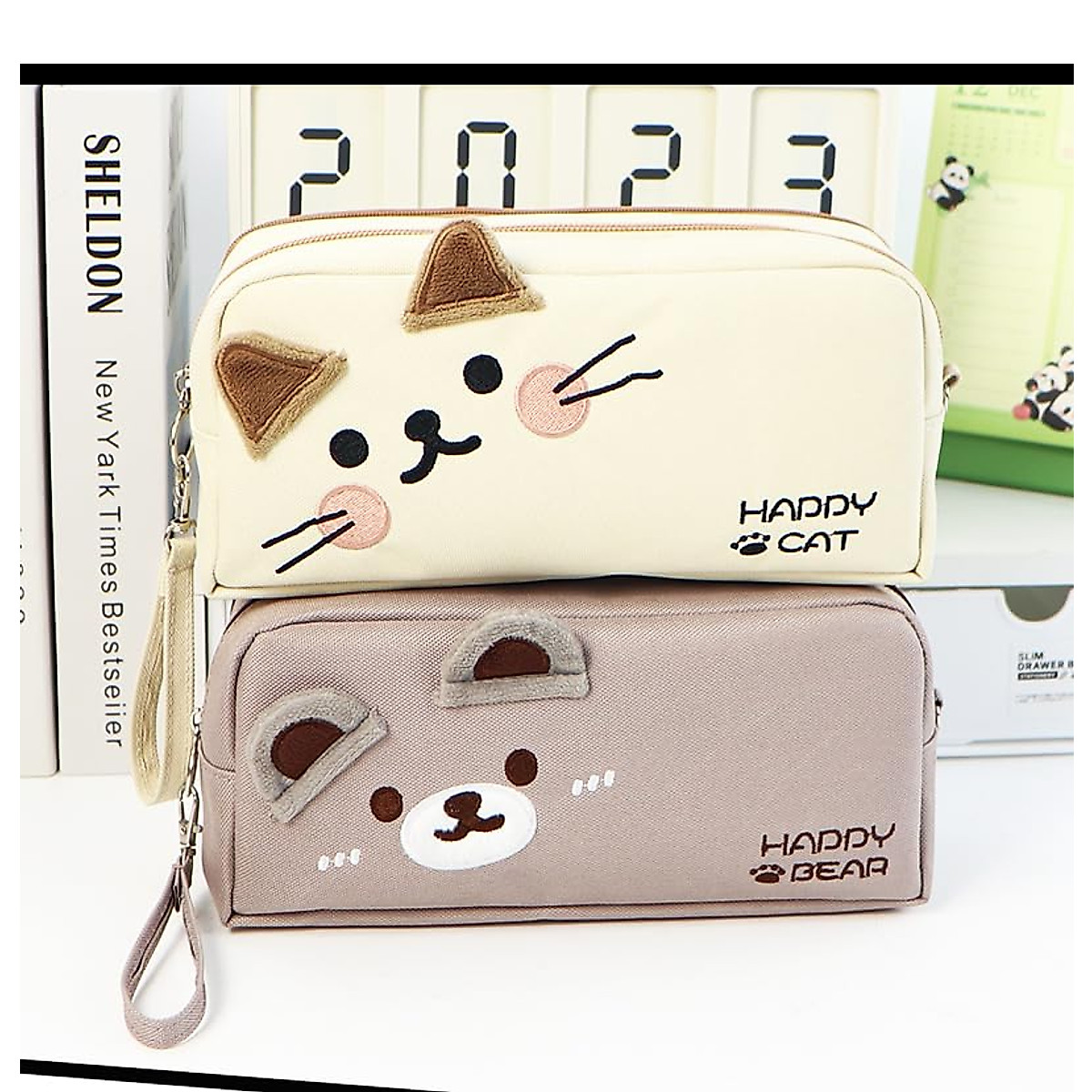 KGJGFX Doubel Layer Large Capacity Pencil Case with Embroidered Cats Grid Compartment of Pen Slots in Black & White Pen Holders Pen Pouch (Beige Cat with 3 Layers)