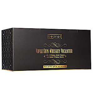 Whiskey Gun Decanter Gift Set - + 2 Whisky Bullet Glasses & Bullet Chilling Stones - Gun Shaped Rich Wood Classic Mahogany Base Tray - Liquor Scotch Bourbon -Boyfriend Husband Anniversary Retirement