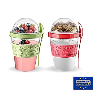 DGRS MARKET 20 oz Breakfast Cereal On the Go Cups with Spoon, Portable Take'n Go Oatmeal and Yogurt Parfait Containers Cup with Lids Reusable for Yogurt, Fruit Cup for Travel, 2PCs (Green & Red)