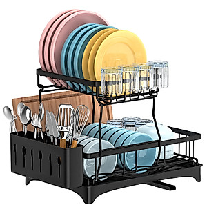 FUNNy elf Dish Drying Rack, 2-Tier Large Dish Racks for Kitchen Counter, Rust-Proof Dish Drainer with Drying Board , Stainless Steel Dish Rack with Removable Utensil Holder