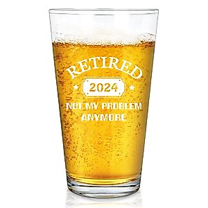 DAZLUTE Retirement Gifts for Men, Retired 2024 Not My Problem Anymore Beer Glass, Funny Retired Gifts for Boss Coworker Husband Teacher Friends Dad Grandpa, 15 Oz Beer Pint Glass