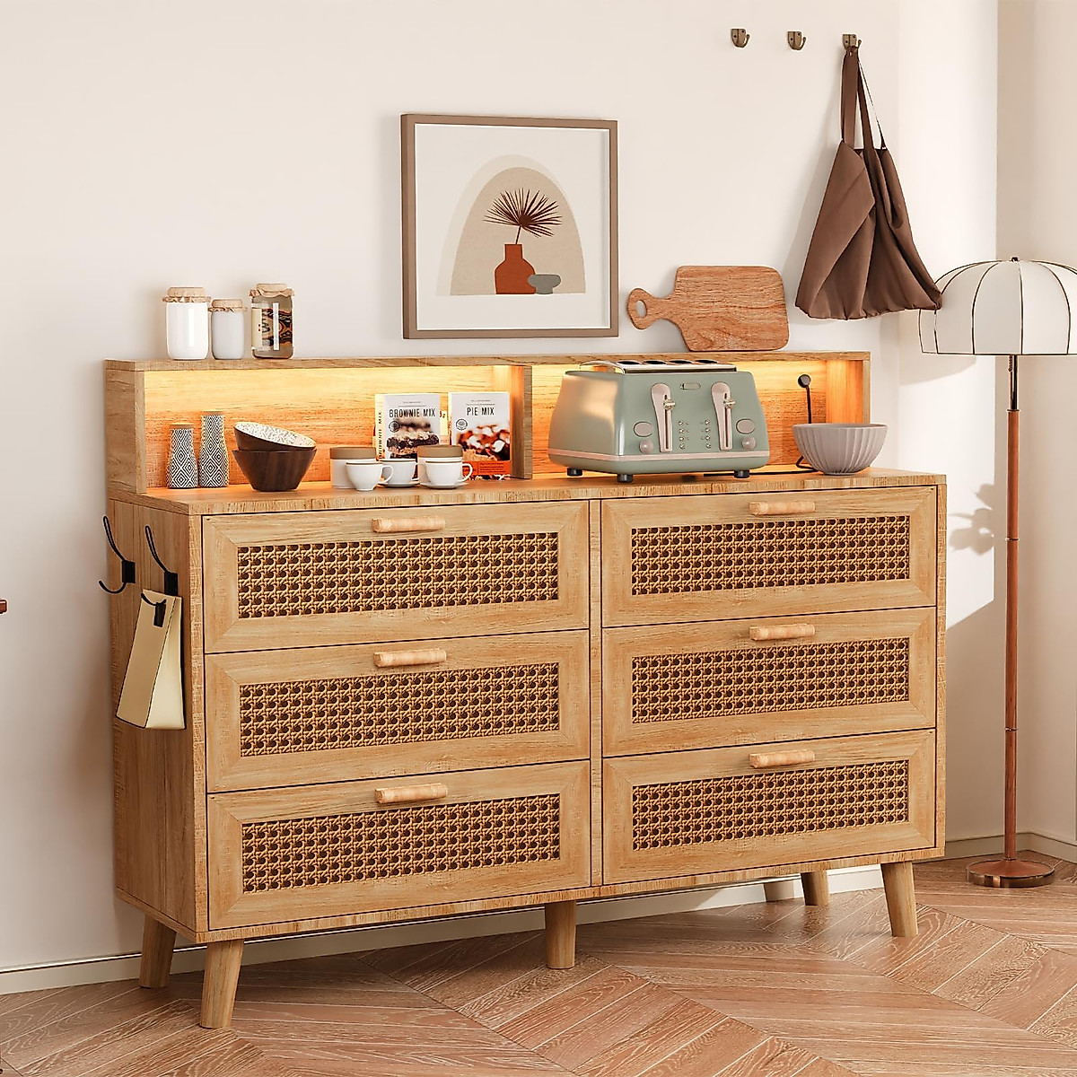 Dresser for Bedroom, 6 Drawer Boho Dresser with LED Light, Rattan Chest of Dressers, Modern Wood Dresser Chest, BesideTable for closet,Storage Organizer Cabinet for Hallway Entryway LivingRoom Natural