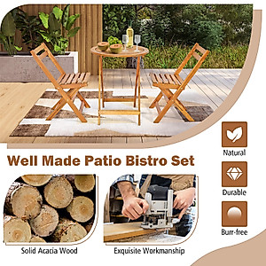 Tangkula 3 Pieces Folding Patio Bistro Set, Solid Acacia Wood Table and Chairs with Slatted Tabletop, Back & Seat, Foldable Outdoor Furniture Set for Patio, Backyard, Garden, Poolside, Natural