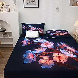 Cherry Blossom Sheets Twin Size, Sakura Pink Bed Sheets, Patterned Bedding Sheets & Pillowcases 3 Piece Set - Soft Microfiber Deep Pocket Fitted Sheet & Flat Sheet & Pillow Case Z9-&-189