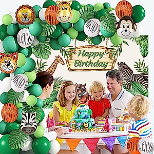 Safari Birthday Decorations for Boy Jungle Theme Party Supplies Green Balloon Garland Arch Kit with Happy Birthday Backdrop Animal Balloons Palm Leaves
