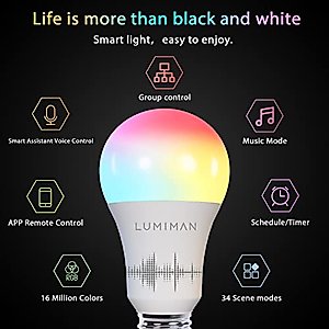 LUMIMAN Smart Light Bulbs, WiFi Alexa Light Bulb, LED Color Changing Dimmable Smart Bulb, Warm to Cool White A19 E26 7.5W 800LM, Works with Alexa Google Home, No Hub Required, 2 Pack