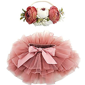 BGFKS Baby Girls Soft Fluffy Tutu Skirt with Diaper Cover,Toddler Girl Tutu Skirt Sets with Flower Headband Dusty Rose