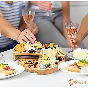 PERLLI Bamboo Cheese Board & Knife Set, Large Folding 18 Inch Round Wood Rotating Charcuterie Board Set Cheese Meat Wine Serving Tray Platter, Home Decor Holiday Gift Set