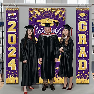 2024 Graduation Party Decorations - Purple Gold Class of 2024 Congrats Grad Banner 2024 Graduation Party Supplies Front Door Cover Porch Sign Banner Wall Backdrop Decor