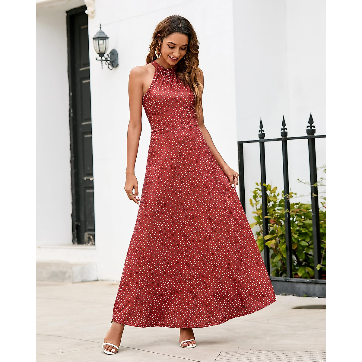 STYLEWORD Women's 2025 Fashion Summer Spring Beach Vacation Red Polka Dot Casual Garden Party Maxi Long Dress Trendy(Floral 33,S)