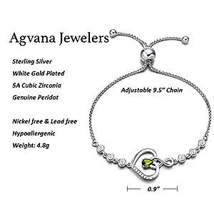 AGVANA August Birthstone Jewelry Peridot Bracelet for Women Sterling Silver Heart Tennis Bracelets Infinity Love Bolo Bracelet Fine Jewelry Anniversary Birthday Gifts for Women Girls Mom Wife Her