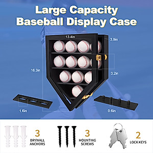 Kacorn Baseballs and Championship Rings Display Case Wall Cabinet with 12 Holders, 98% UV Protection, Wood Ideal for Collection Autographed Baseball Ball Holder