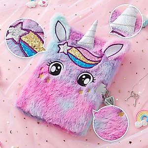 WERNNSAI Rainbow Girls Diary - Plush Girls Diary with Lock Notebook Journal for Kids Birthday Christmas Valentine Gift Embroidery Fluzzy Travel School A5 Secret Diary Writing Drawing Notepad