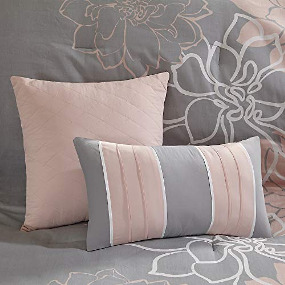 Madison Park Lola Sateen Cotton Comforter Set-Casual Medallion Floral Design All Season Down Alternative Bedding, Shams, Bedskirt, Decorative Pillows, Queen, Grey/Blush 7 Piece