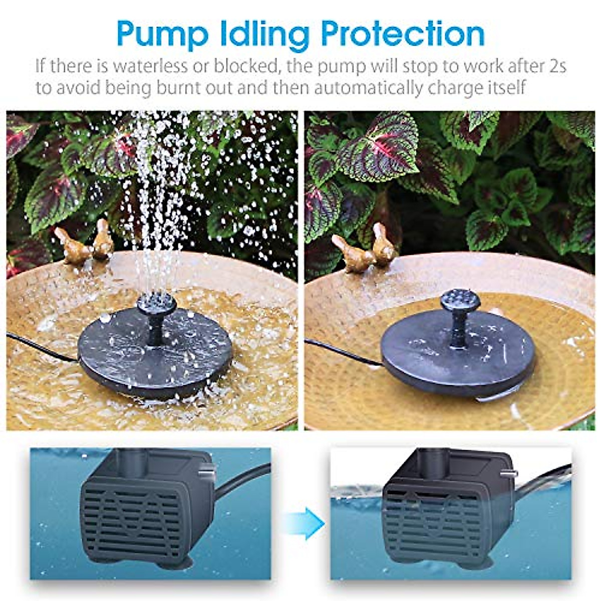 AISITIN 5.5W Solar Fountain Pump Built-in 1500mAh Battery, Solar Bird Bath Fountain with 6 Nozzles, Solar Floating Water Fountain Pump for Bird Bath, Fish Tank, Pond, Garden and Outdoor