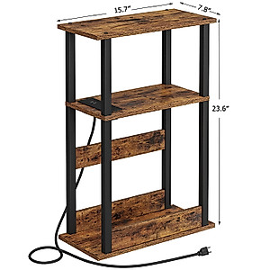 VIMBER 2-Set of 7.8" Narrow Side Table for Small Spaces, Skinny End Table with Charging Station, Sofa Beside Table with Storage Shelf, Slim Nightstand with USB Ports Outlet, Rustic and Brown