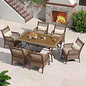 PURPLE LEAF Patio Dining Set Outdoor Wicker Patio Furniture Sets Rectangular Tempered Glass Top Dining Table and 6 Outdoor Chairs with Umbrella Hole and Cushions