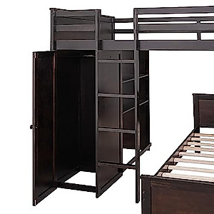 SOFTSEA Full Over Twin Bunk Bed with Desk, Full Size Loft Bed with Wardrobe and Storage, Wood Loft Bed with Stand-Alone Bed for Kids Teens (Espresso)