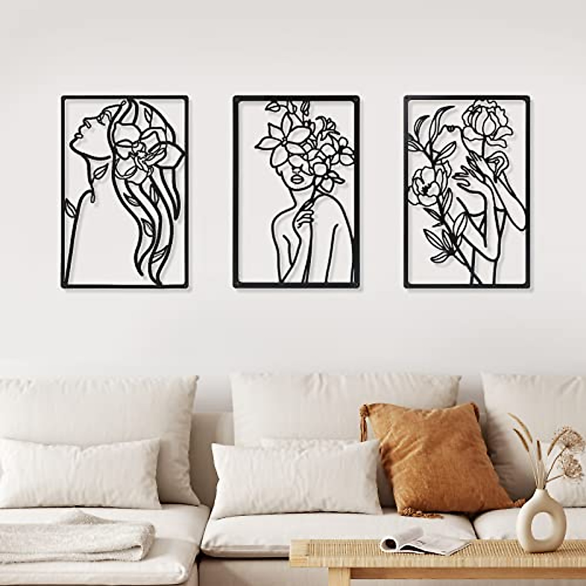 CHENGU 3 Pieces Metal Minimalist Abstract Woman Wall Art Drawing Single Line Female Home Hanging Wall Art Decor for Kitchen Bathroom Living Room (Black, Floral Style)