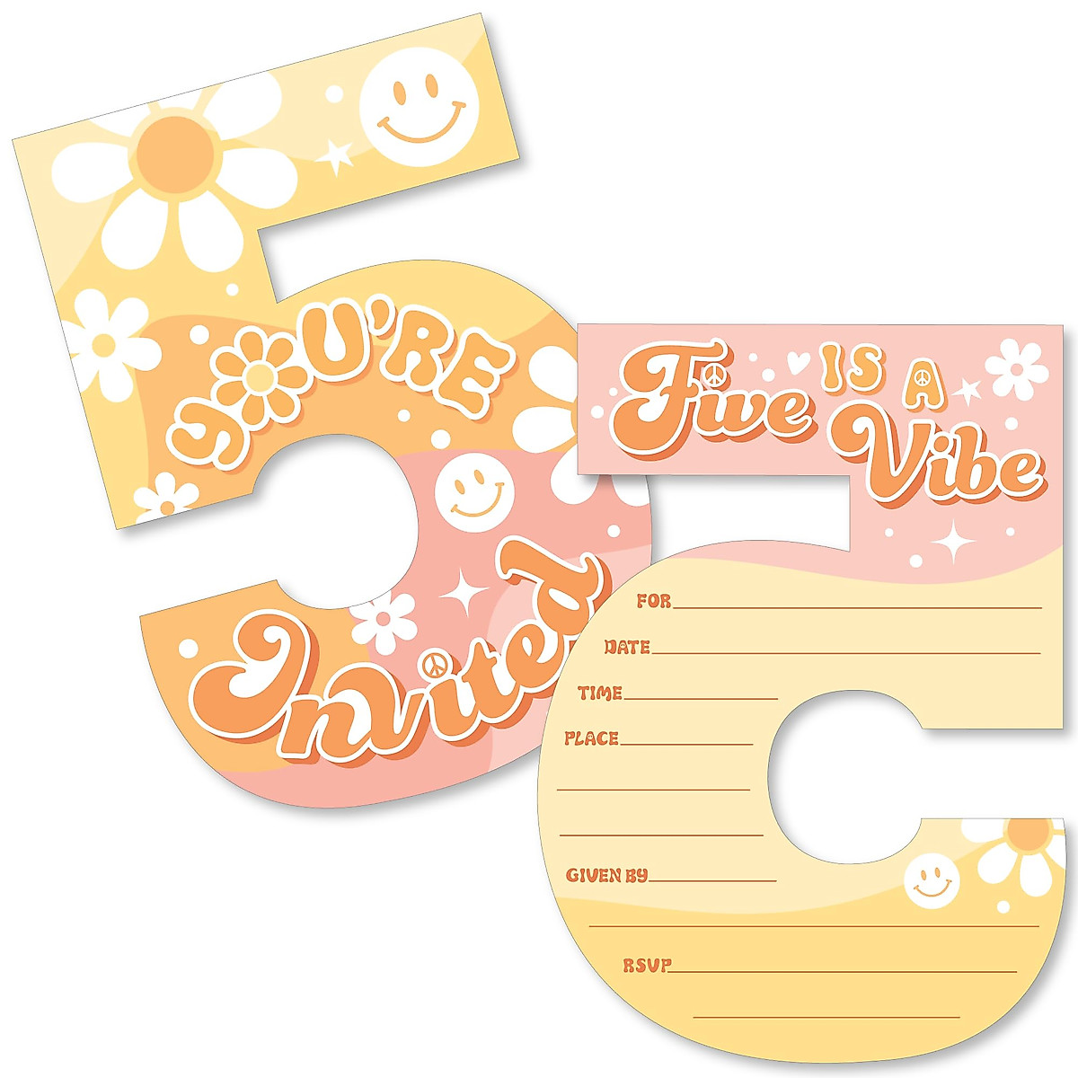 Big Dot of Happiness Five is a Vibe - Shaped Fill-In Invitations - Boho Hippie Fifth Birthday Party Invitation Cards with Envelopes - Set of 12