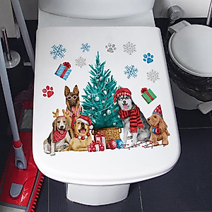 Christmas Toilet Stickers Christmas Wall Decal, Dogs Pattern Bathroom Toilet Seat Christmas Decoration, Xmas Toilet Seat Cover Tank Lid Decals Bathroom Decorations