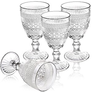 Coloch 4 Pack Wine Goblet Glasses, 11 Oz Vintage Water Glasses Set Romantic Mixed Drinking Glassware for Juice, Red Wine, Cocktail, Baby Shower, Wedding, Party