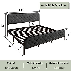 Feonase King Size Bed Frame with Linen Upholstered Headboard, Heavy Duty Metal Platform Bed with 12" Under-Bed Storage Space, No Box Spring Required, Easy to Assemble, Gray