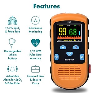 CMI Health Rechargeable Pulse Oximeter - Adult Finger Sensor for Continuous Monitoring & Spot-Checking - Adjustable Alarm for Pulse Rate and SpO2 Levels - Carry Case, AC Adapter Included