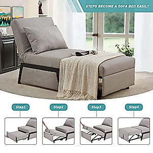 YODOLLA 4 in 1 Convertible Chair Bed, Pullout Small Sofa Bed Sleeper Sofa for Adult, Pop up Single Folding Bed, Chair, Chaise Lounge, Ottoman, Grey