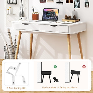 Tangkula Mid Century Desk with 2 Storage Drawers, Modern Writing Study Desk with Rubber Wood Legs, Versatile Home Office Study Desk for Small Space, Vanity Table for Bedroom (White)