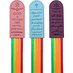 3 Pieces Leather Bible Bookmarks Bible Ribbon Bookmark Multi Ribbon Page Marker, Bible Verse Inspirational Bookmarks - Psalm 46:5, Proverbs 4:23, Philippians 4:13, Bible Accessories,Bible Supplies