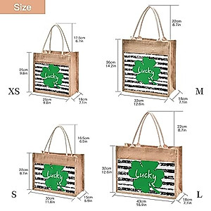 Jute Burlap Tote Bag Luck Clover Shamrock St Patrick's Day Spring Striped Black White Large Capacity Reusable Grocery Shopping Storage Bag