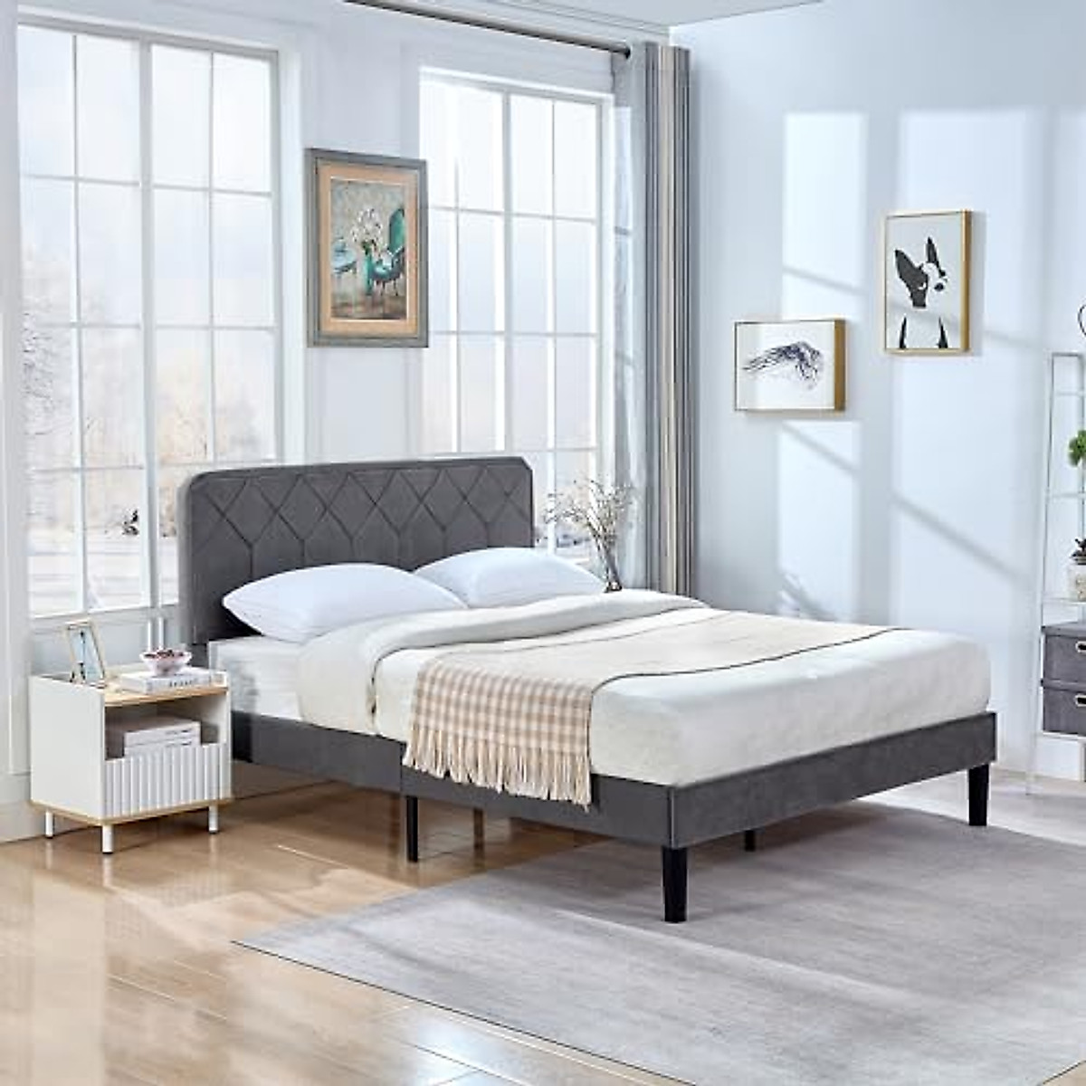 VECELO Queen Size Bed Frame Premium Upholstered Platform with Height Adjustable Headboard/Mattress Foundation Solid Wooden Slat Support, No Box Spring Needed/Easy Assembly, Dark Grey