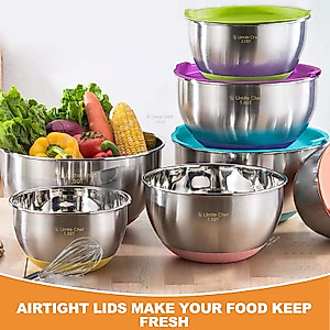 Umite Chef Mixing Bowls with Airtight Lids, 6 Piece Stainless Steel Metal Bowls, Measurement Marks & Colorful Non-Slip Bottoms Size 7, 3.5, 2.5, 2.0,1.5, 1QT, Great for Mixing & Serving