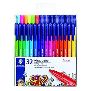 STAEDTLER fiber-tip pens, triplus color, 1mm pressure-resistant tip, washable ink, triangular barrel, set of 32 vibrant colors, assorted, 323 TB32LU