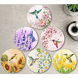 VAATOO Pack 6 Coasters Hummingbird Flower Absorbent Ceramic Coasters with Cork Base Drink Square Single Coaster Coffee Table Cup Car Kitchen Decor Birthday Gifts for Family Women Adults