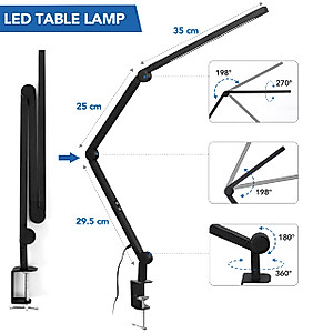 Desk Lamp with Clamp Eye-Care Swing Arm Desk Lamp Stepless Dimming Adjustable Color Temperature Modern Architect Lamp with Memory Timing Function for Study